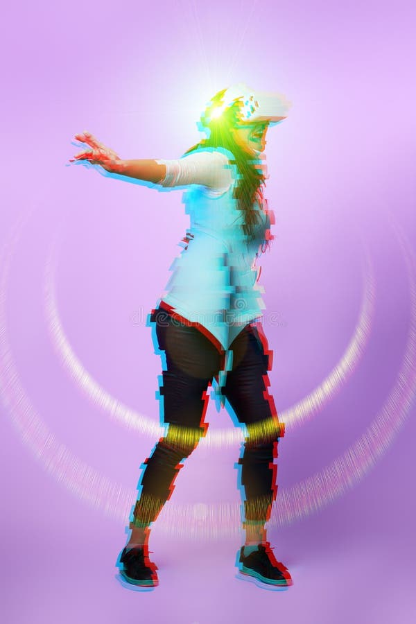 Woman is Using Virtual Reality Headset. Image with Glitch Effect Stock ...