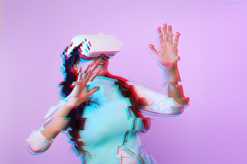 Woman is Using Virtual Reality Headset. Image with Glitch Effect Stock ...