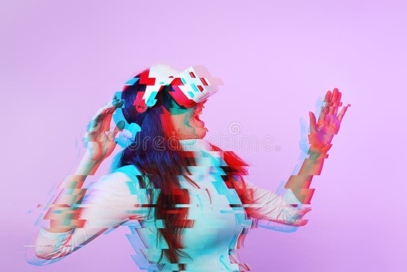 Woman is Using Virtual Reality Headset. Image with Glitch Effect Stock ...