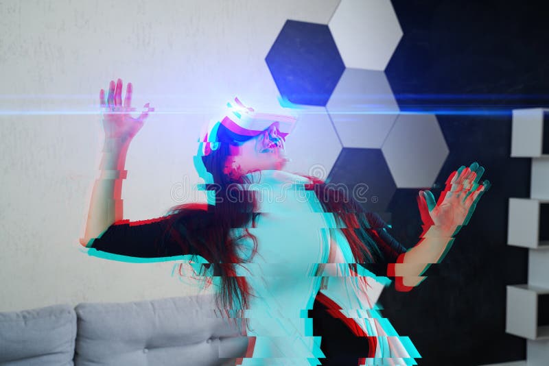 Woman is Using Virtual Reality Headset. Image with Glitch Effect Stock ...
