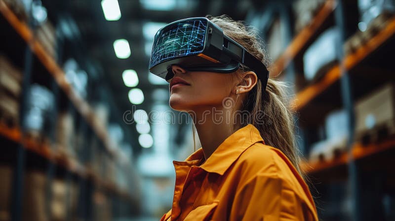 Woman Using Virtual Reality Headset in a Logistics Warehouse Environment for Inventory ...