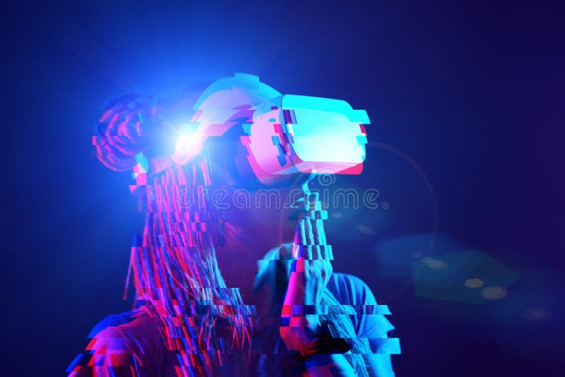 Woman is Using Virtual Reality Headset. Neon Light Studio Portrait ...