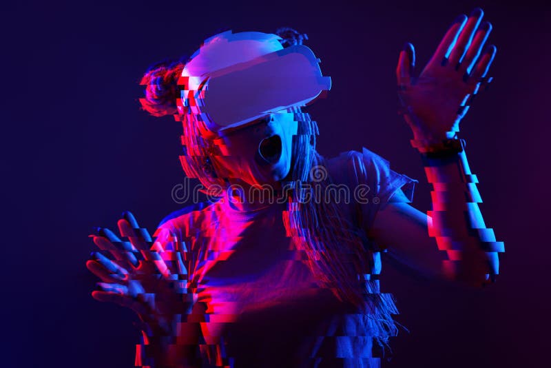 Woman is Using Virtual Reality Headset. Neon Light Studio Portrait ...