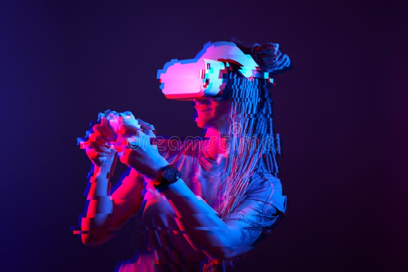 Woman is Using Virtual Reality Headset. Neon Light Studio Portrait ...