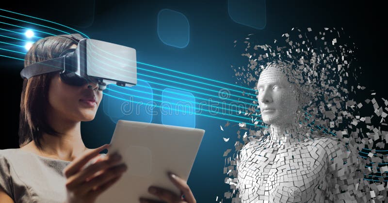 Woman Using VR Glasses and Tablet PC by 3d Scattered Human Figure ...