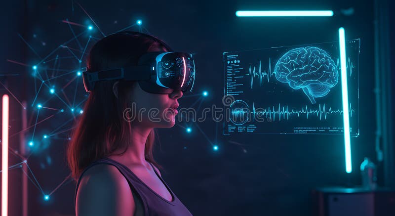 Woman Using Vr Headset with Abstract Brain Interface and Data Display ...
