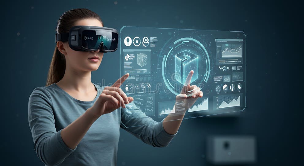 Woman Using VR Headset for AI-Powered Inventory Management System Stock Illustration ...