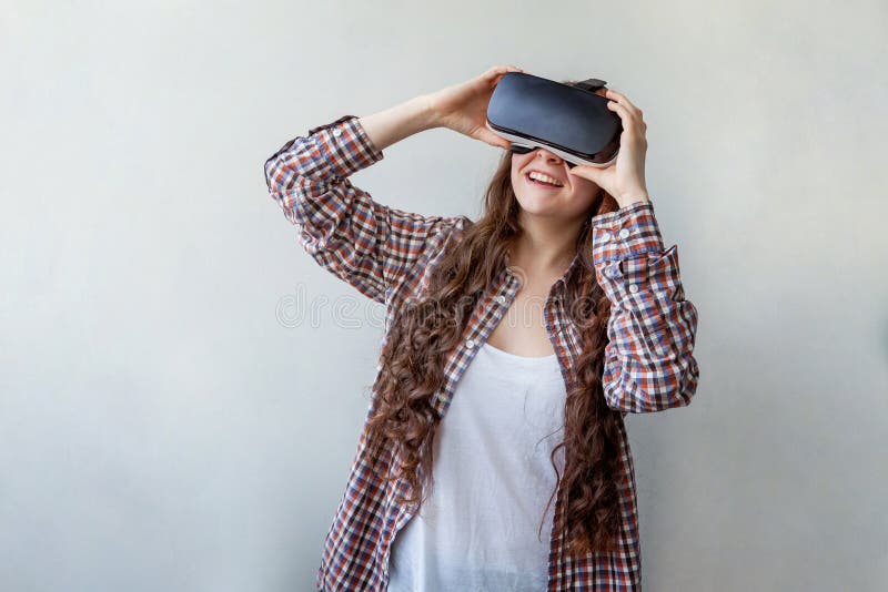 Woman using VR headset stock image. Image of happy, entertainment ...