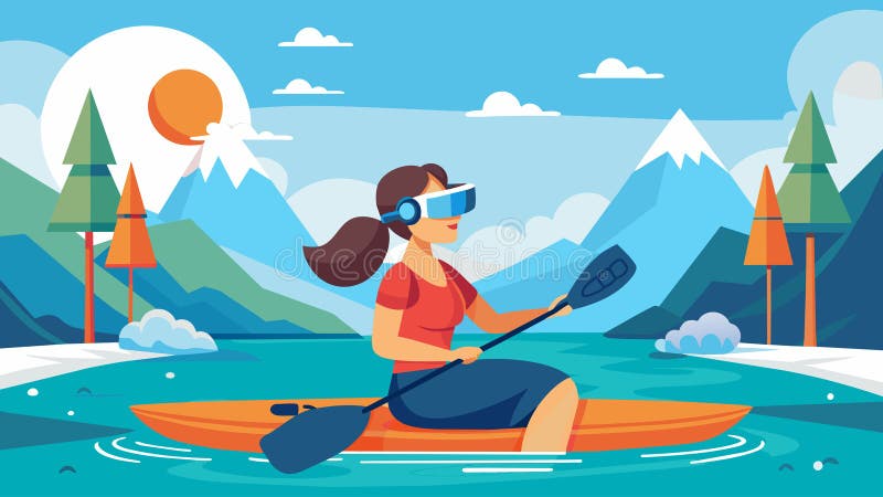 A Woman Using a VR Headset To Control and Navigate a Virtual Kayak ...
