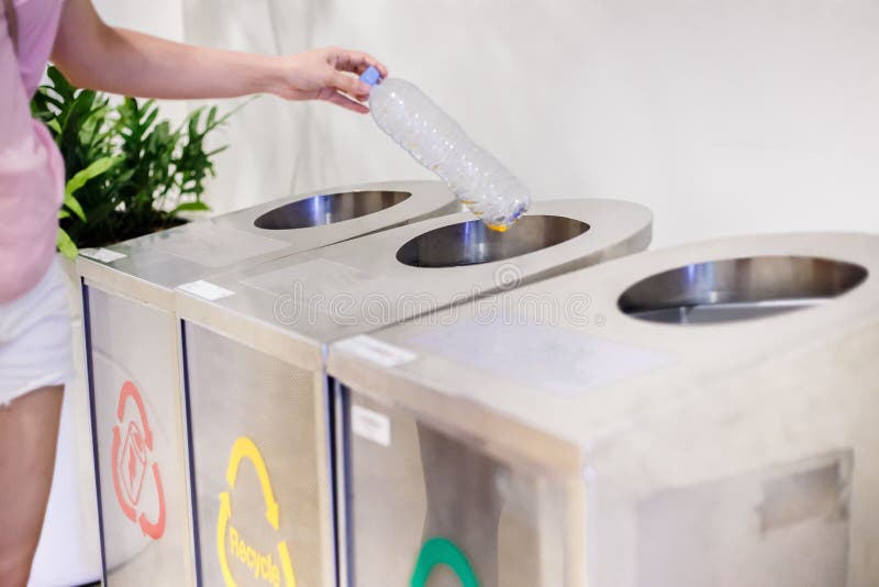 Woman Using Waste Separation Container Throwing Away Garbage Plastic ...