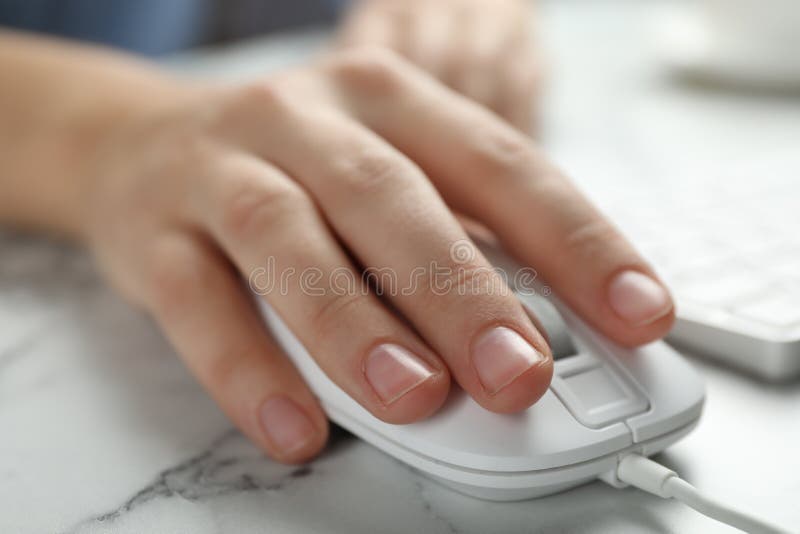 Woman Using Wired Computer Mouse at Marble Table Stock Image - Image of ...