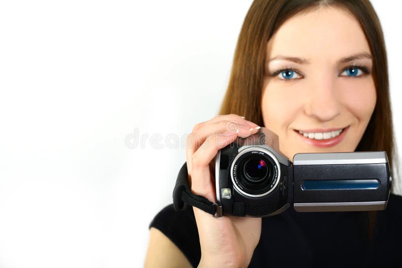 Woman and video camera stock photo. Image of beauty, camcorder - 12278766