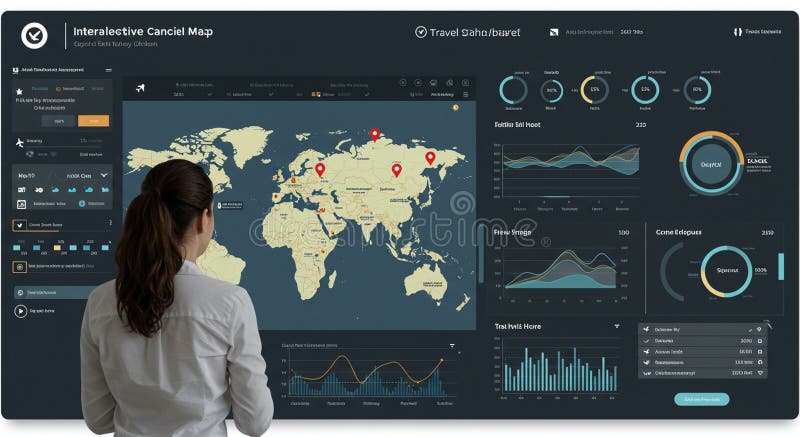 Woman Viewing a Digital Dashboard Display Featuring a World Map with ...