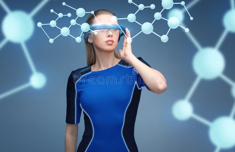 Woman in Virtual Reality 3d Glasses with Molecules Stock Photo - Image ...