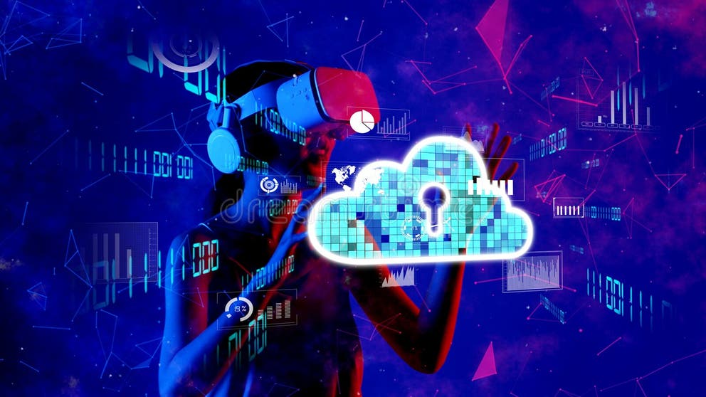 Woman in Virtual Reality Headset Interacting with Digital Cloud Technology and Data ...
