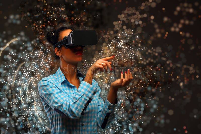 Woman in virtual reality stock image. Image of helmet - 98103809