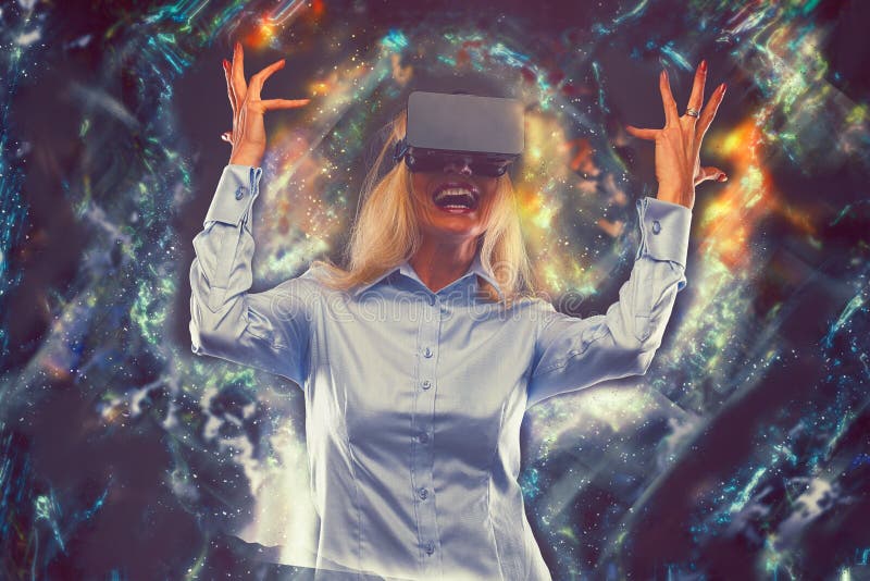 Woman in virtual reality stock image. Image of helmet - 98103809