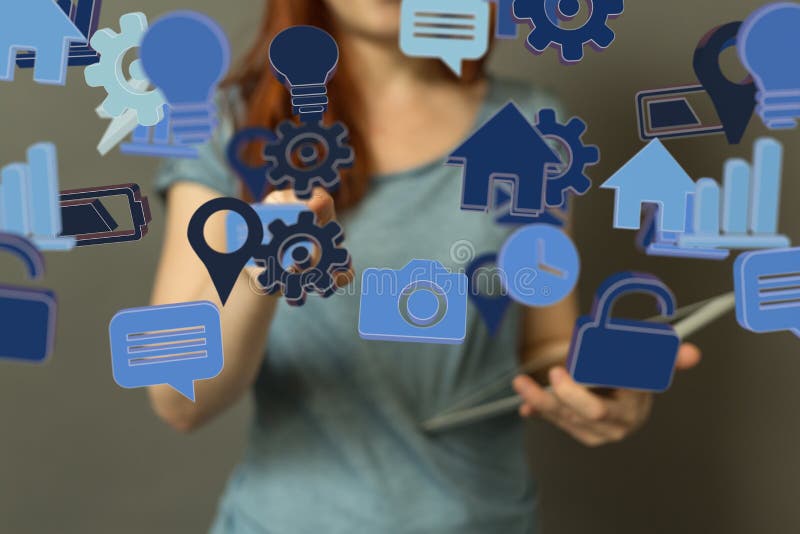 Woman with Virtual Symbols of daily Decisions and Occupations Stock ...