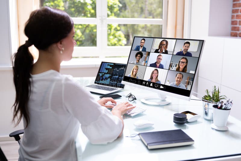 Woman in Virtual Telework Webinar Stock Image - Image of marketing ...