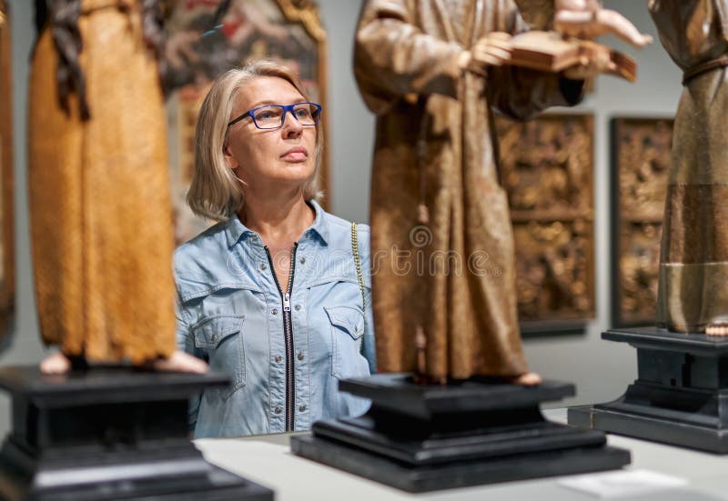Woman Visitor Looking Art Object in Art Gallery Museum. Stock Image ...