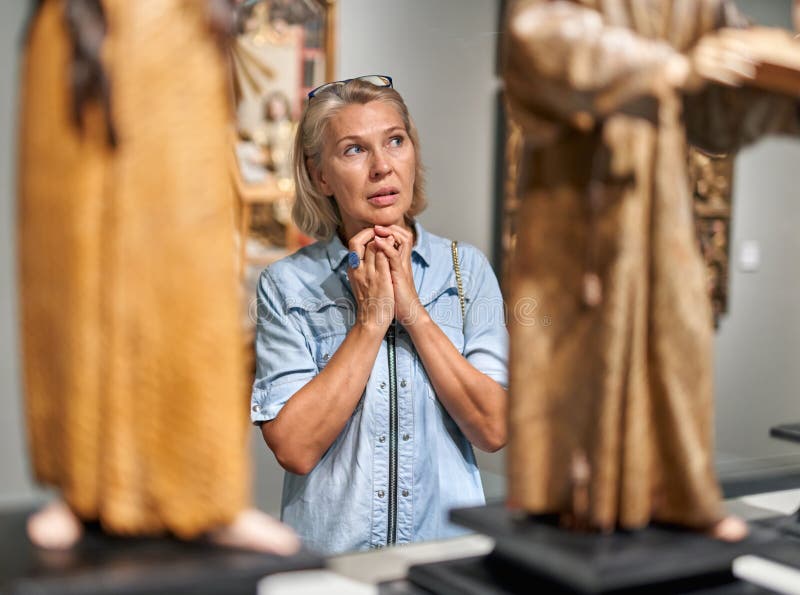 Woman Visitor Looking Art Object in Art Gallery Museum. Stock Image ...