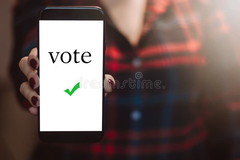 Woman Votes Online Using the Phone. Voting and Elections Concept Stock ...