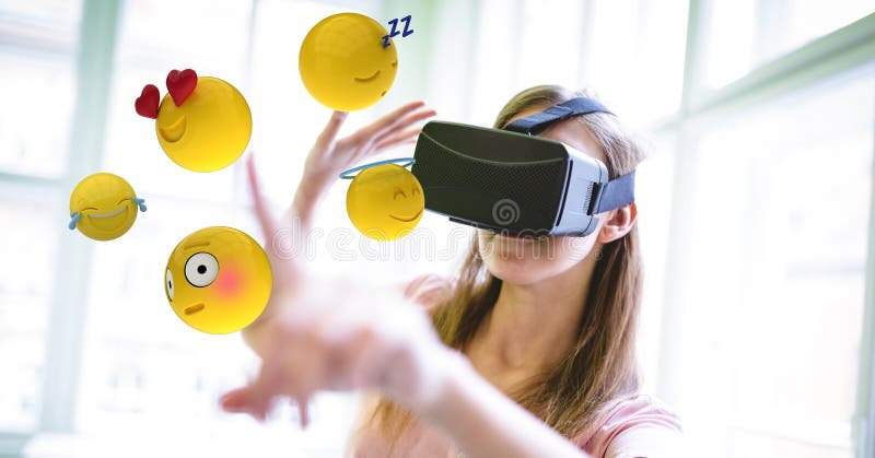 Woman in VR Glasses Touching Various Emojis Stock Illustration ...