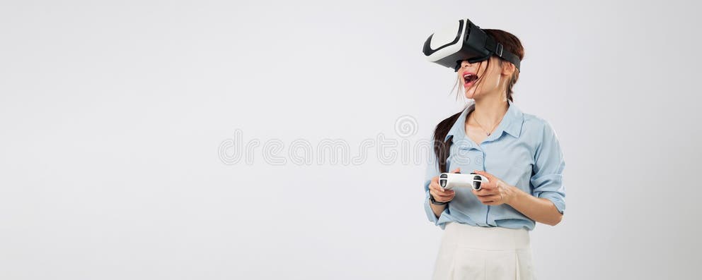 Woman with VR Headset and Controller, Looking Excited on White. Tech ...