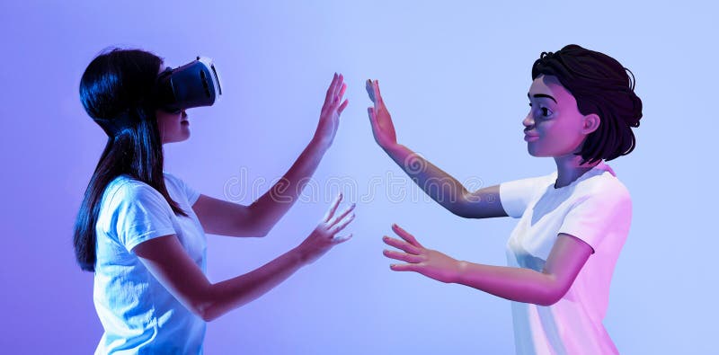 Woman in VR Headset Interacting with 3D Avatar, Purple Background Stock ...