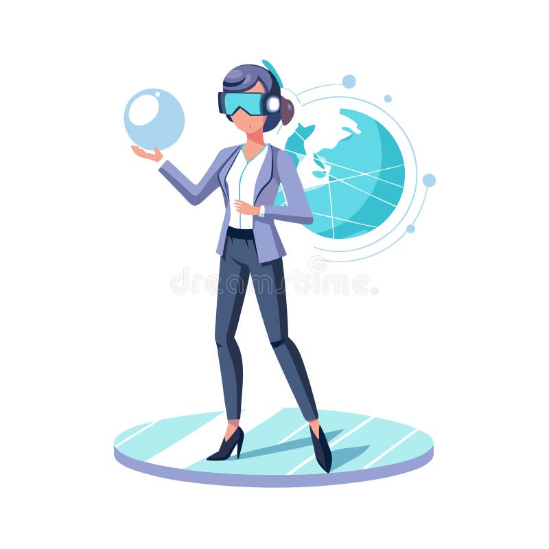 Woman in VR Headset Interacting with Virtual Globe and Sphere Stock ...
