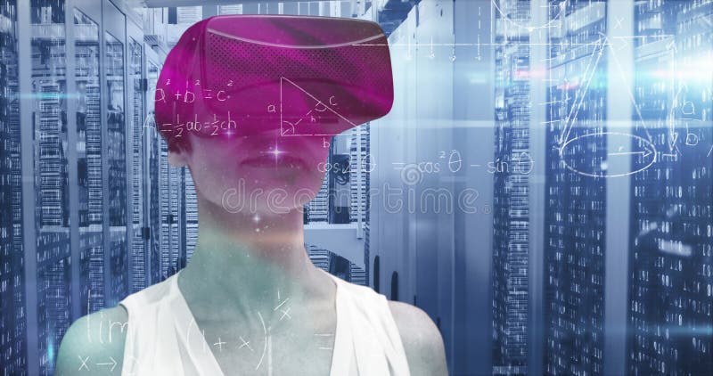 Woman in VR Headset Interacts with Digital Math Equations in a Server ...