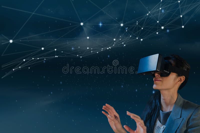 Woman in VR Headset Looking at Stars Against Blue Background Stock ...