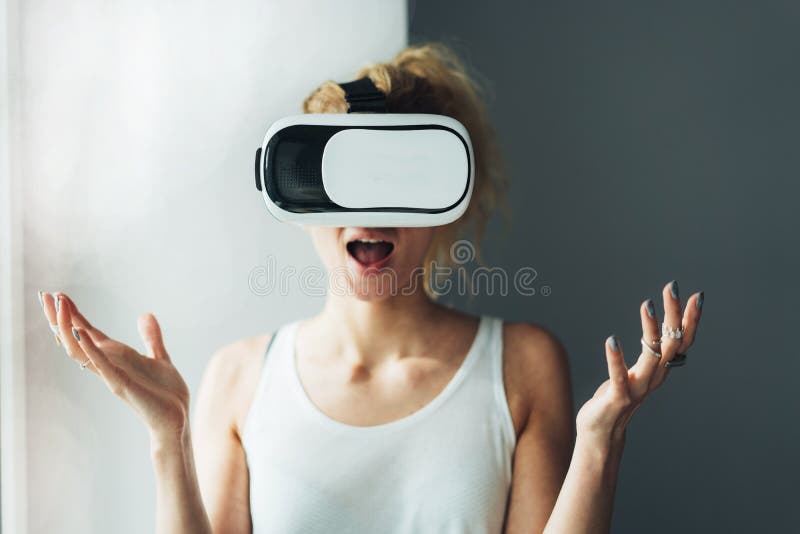 Woman in VR Headset Looking Up Stock Photo - Image of blond, device ...