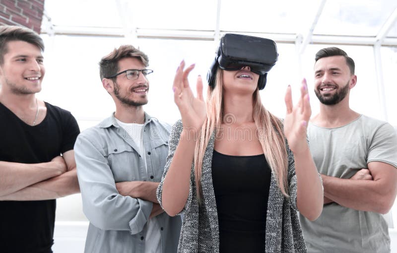 Progressive Girl Smiling while Wearing Virtual Reality Glasses Stock ...