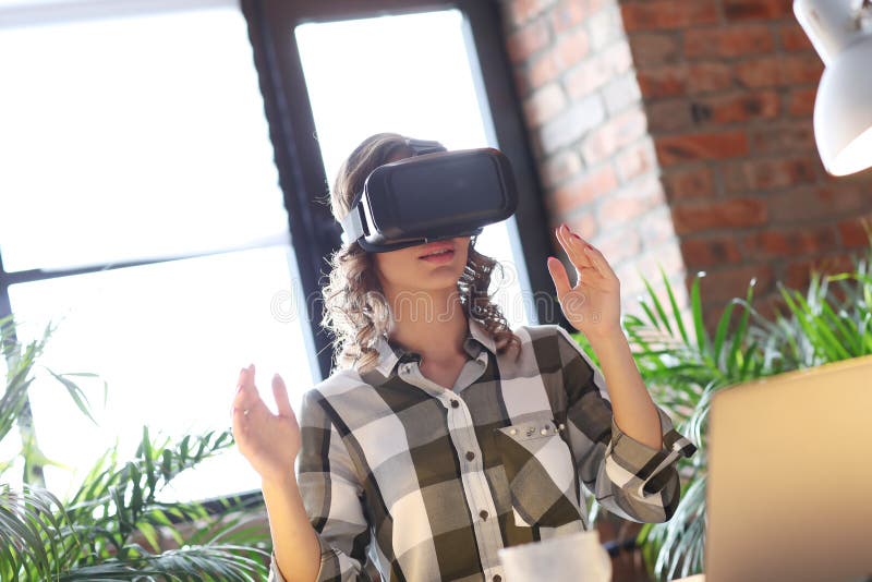 Woman with VR headset stock photo. Image of innovation - 79327702