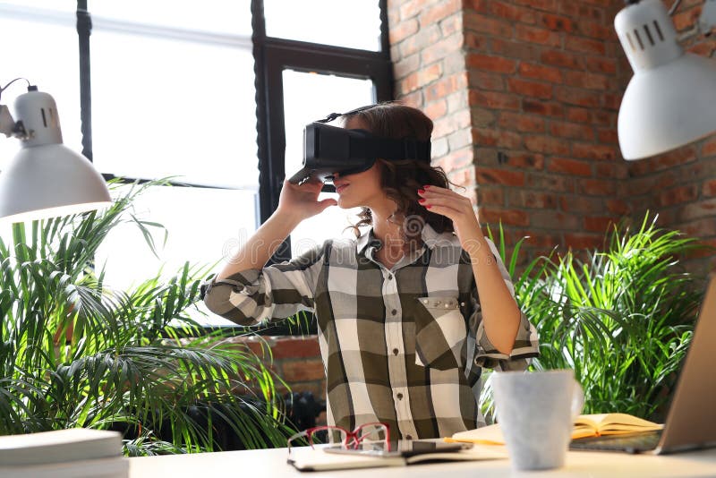 Woman with VR headset stock photo. Image of innovation - 79327702