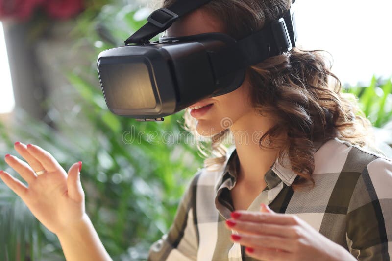 Woman with VR headset stock image. Image of female, cyber - 79392101