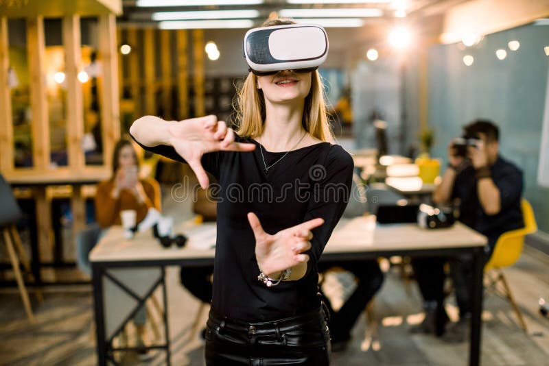 Woman In Vr Headset Touching Objects In Virtual Reality Girl