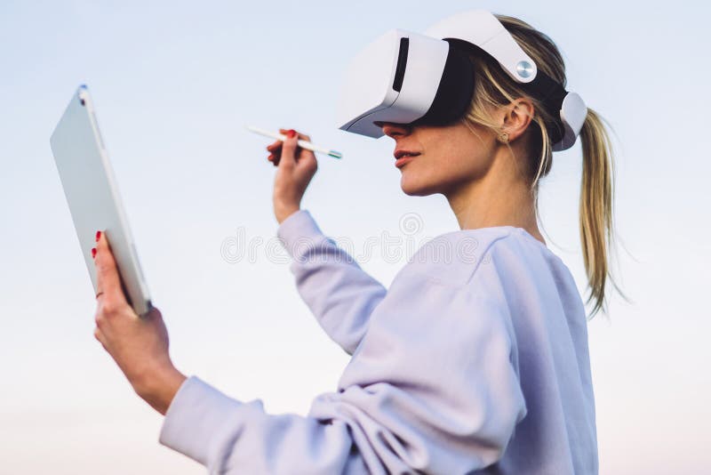 Woman in VR Headset Using Touchpad and Stylus for Virtual Reality Stock Image - Image of glasses ...