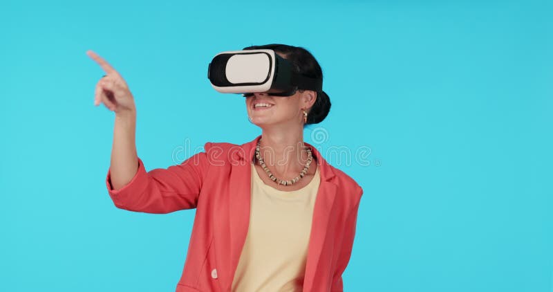Woman, VR and Press on Screen with Metaverse, Future Technology and ...