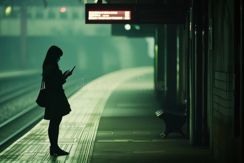 Woman Waiting at Train Station Platform while Engrossed in Her ...