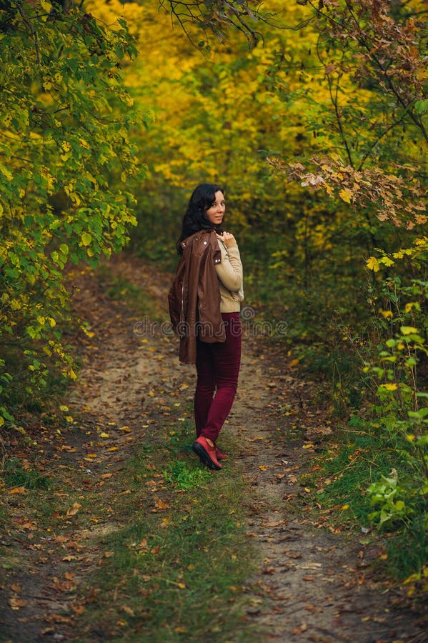 Woman Walk in Autumn Forest Stock Image - Image of ramble, stroll: 78527031