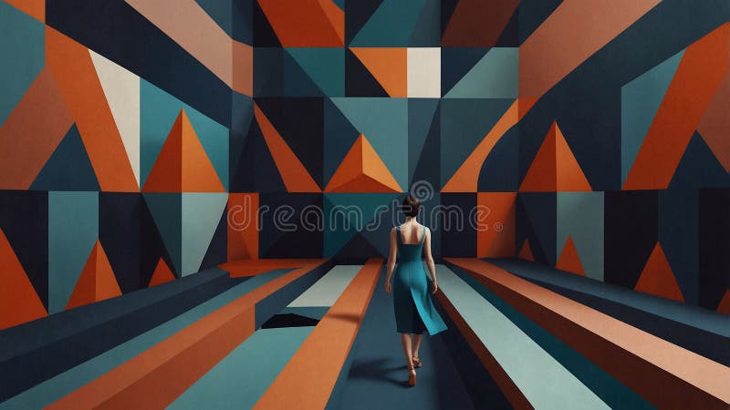 Woman Walking through an Abstract Geometric Room with Vibrant Colors ...