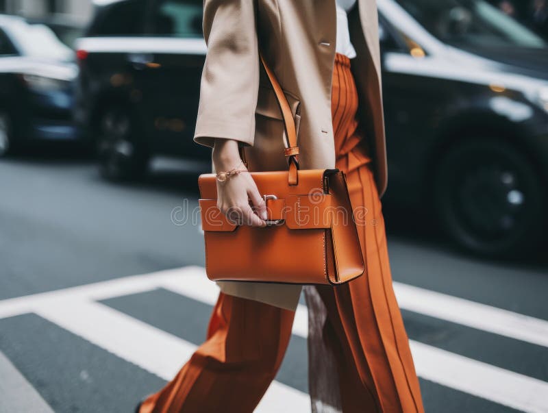 A Woman Walking Across A Street Holding A Purse Ai Generative Image Stock Illustration