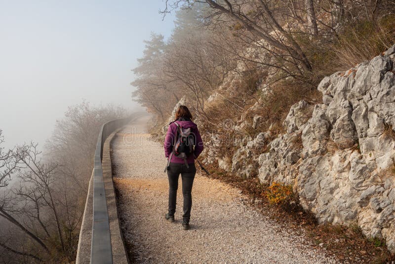 Woman Walking Alone on Rural Misty Path Editorial Stock Image - Image ...