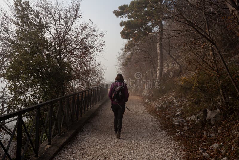 Woman Walking Alone on Rural Misty Path Editorial Stock Photo - Image ...