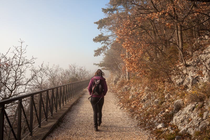 Woman Walking Alone on Rural Misty Path Editorial Stock Photo - Image ...