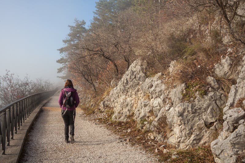 Woman Walking Alone on Rural Misty Path Editorial Stock Photo - Image ...
