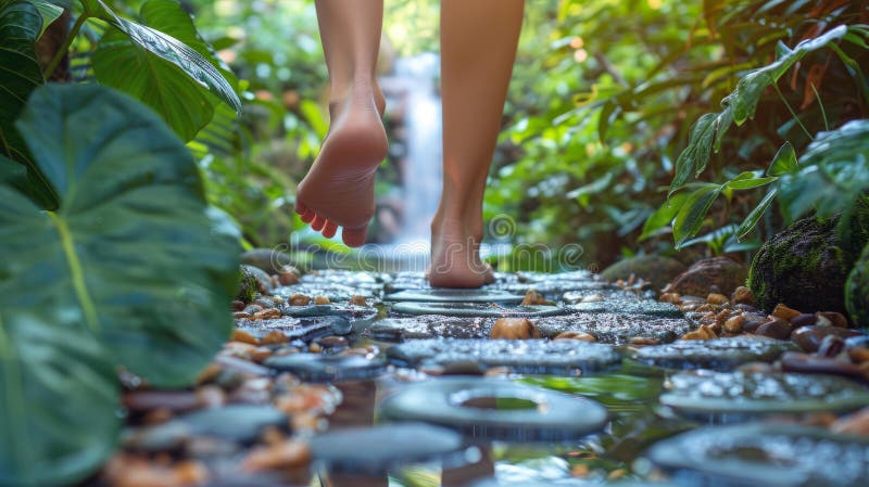 Woman Walking Barefoot on a Pebble Path Stock Photo - Image of ...