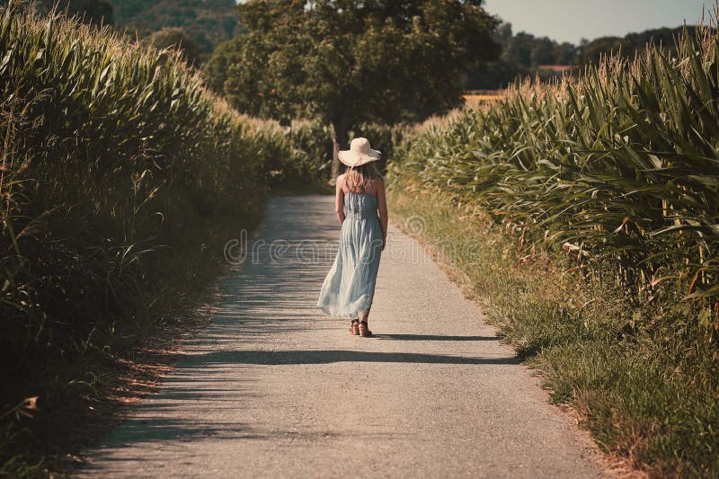 Woman Walking among Country Fields Stock Image - Image of portrait ...